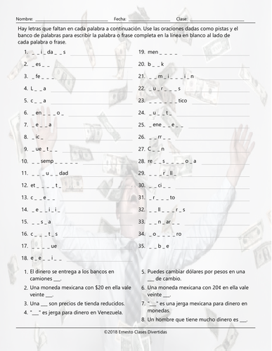 Money and Banking Missing Letters Spanish Worksheet | Teaching Resources