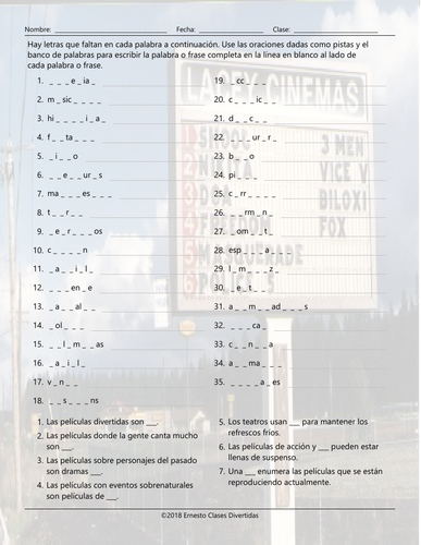 Movie Things and Genres Missing Letters Spanish Worksheet | Teaching ...