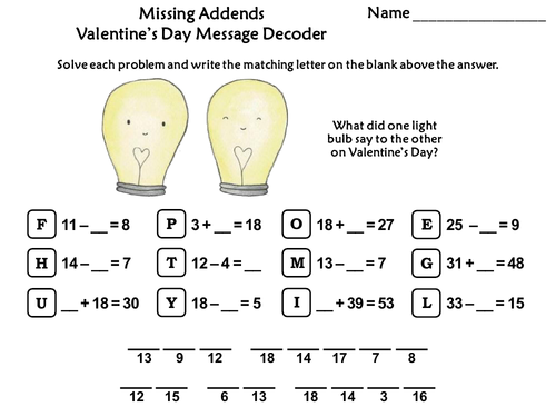 Missing Addends Valentine's Day Math Activity: Message Decoder ...