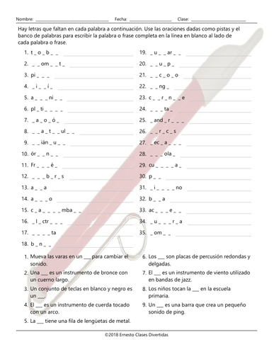 Musical Instruments Missing Letters Spanish Worksheet | Teaching Resources Musical Instruments Missing Letters Spanish Worksheet | Teaching Resources