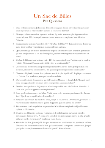 Un Sac de Billes Essay Template, Quotes & Past Questions | Teaching ...