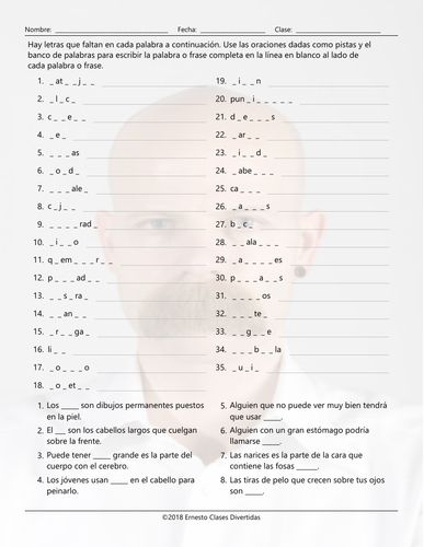 People Descriptions Missing Letters Spanish Worksheet | Teaching Resources