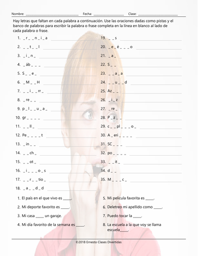 Personal Information Missing Letters Spanish Worksheet | Teaching Resources