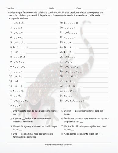 Pets and Pet Care Missing Letters Spanish Worksheet | Teaching Resources