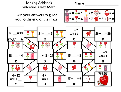Missing Addends Valentine's Day Math Maze | Teaching Resources