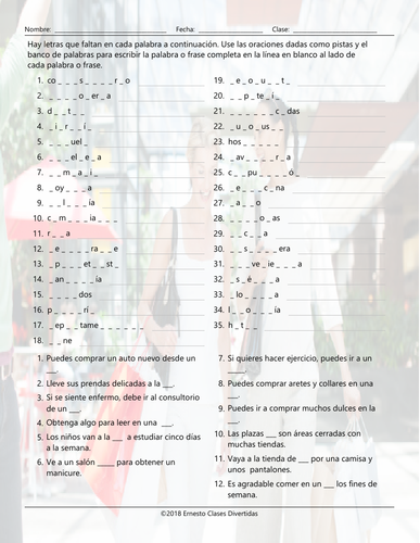 Places and Buildings Missing Letters Spanish Worksheet | Teaching Resources
