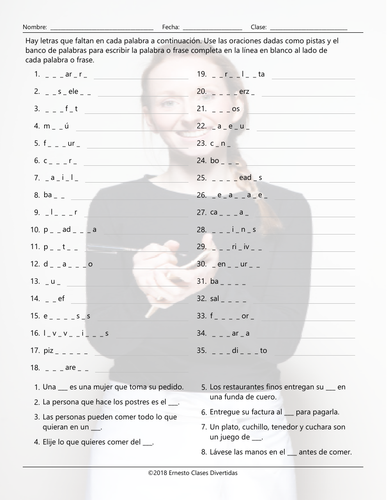 Restaurant Things and Activities Missing Letters Spanish Worksheet ...