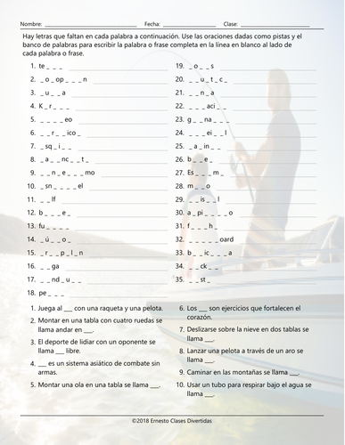 Sports and Exercise Missing Letters Spanish Worksheet | Teaching Resources