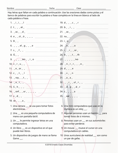 Technology and Gadgets Missing Letters Spanish Worksheet | Teaching ...