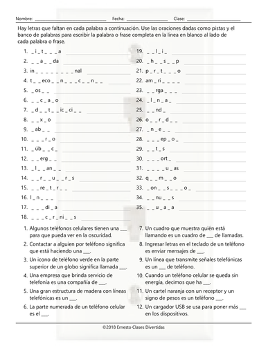 Telephones Missing Letters Spanish Worksheet | Teaching Resources