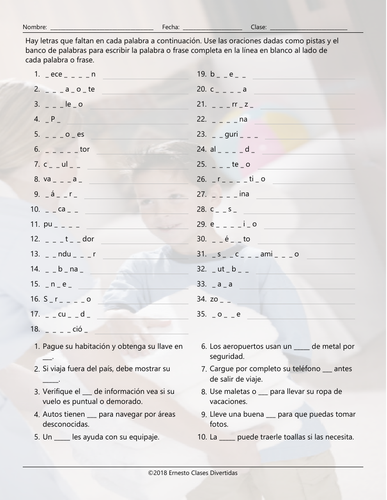 Travel Items and Modes Missing Letters Spanish Worksheet | Teaching ...