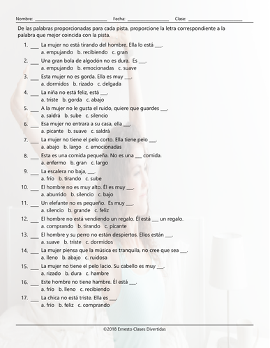 Antonyms and Opposite Actions Multiple Choice Spanish Worksheet ...
