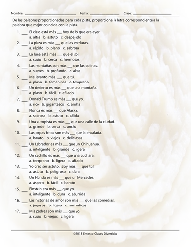 Comparative Adjectives Multiple Choice Spanish Worksheet | Teaching ...