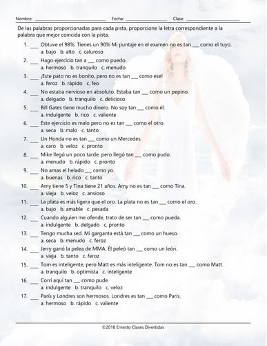 Comparisons with As ...+... As Multiple Choice Spanish Worksheet ...