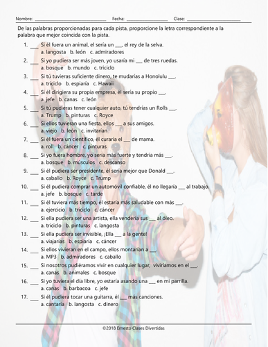 Conditional Sentences Type 2 Multiple Choice Spanish Worksheet ...