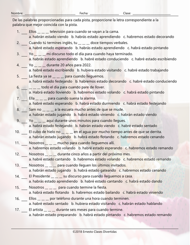 Future Perfect Continuous Tense Multiple Choice Spanish Worksheet ...