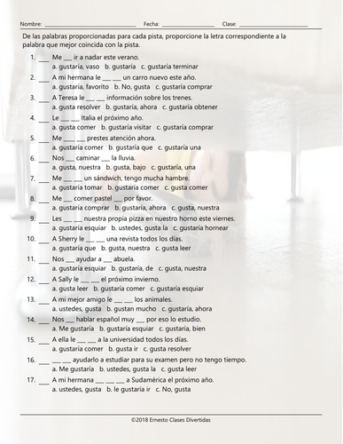 Like versus Would Like Multiple Choice Spanish Worksheet | Teaching ...