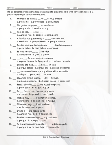 Linking Words and Connectors Multiple Choice Spanish Worksheet ...