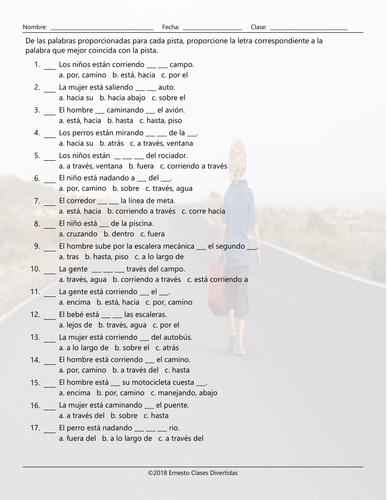 Movement Prepositions Multiple Choice Spanish Worksheet | Teaching ...