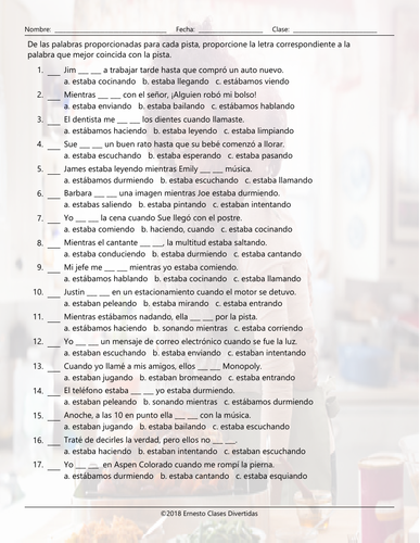 Past Continuous Tense Multiple Choice Spanish Worksheet | Teaching ...