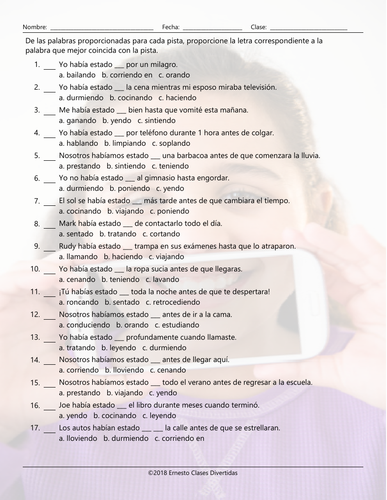 Past Perfect Continuous Tense Multiple Choice Spanish Worksheet ...