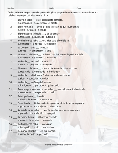 Past Perfect Tense Multiple Choice Spanish Worksheet | Teaching Resources