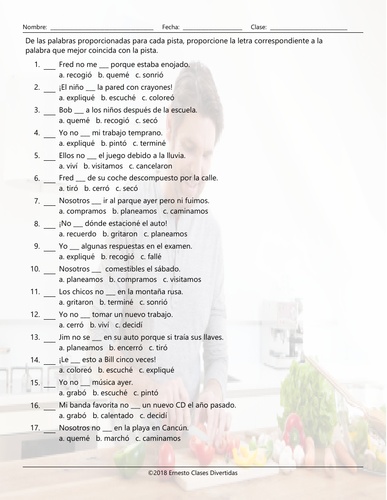 Past Simple Tense with Regular Verbs Multiple Choice Spanish Worksheet ...