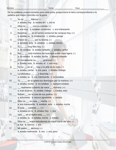 Past Simple with Verbs Estar and Ser Multiple Choice Spanish Worksheet ...
