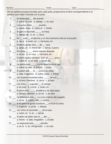 Place Prepositions Multiple Choice Spanish Worksheet | Teaching Resources