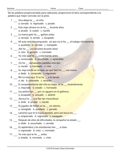 Present Perfect Tense Multiple Choice Spanish Worksheet | Teaching ...