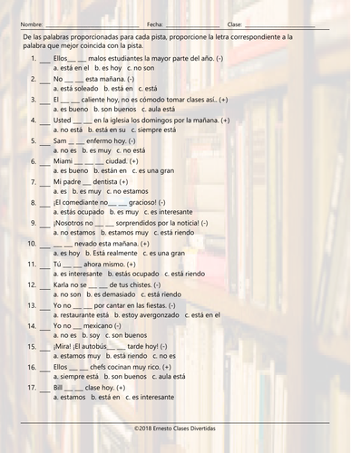 Present Simple with Verbs Ser and Estar Multiple Choice Spanish ...