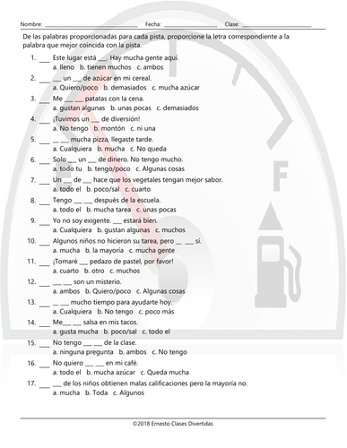 Quantifiers Multiple Choice Spanish Worksheet | Teaching Resources