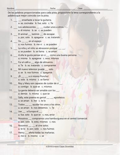 Reflexive and Reciprocal Pronouns Multiple Choice Spanish Worksheet ...