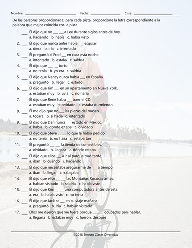 Reported Speech Multiple Choice Spanish Worksheet | Teaching Resources