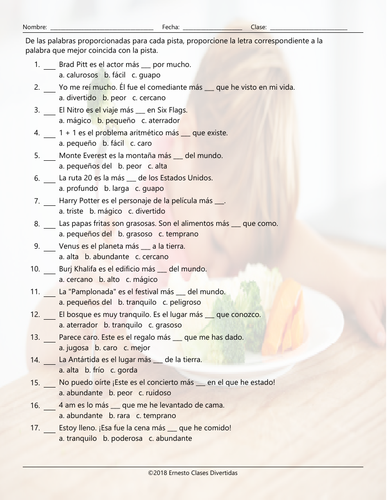 Superlative Adjectives Multiple Choice Spanish Worksheet | Teaching ...