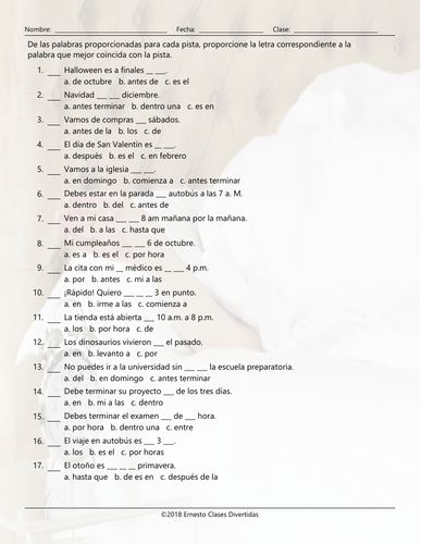 Time Prepositions Multiple Choice Spanish Worksheet | Teaching Resources