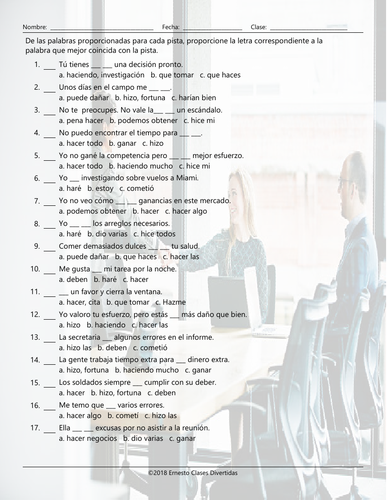 Verb Hacer Multiple Choice Spanish Worksheet | Teaching Resources