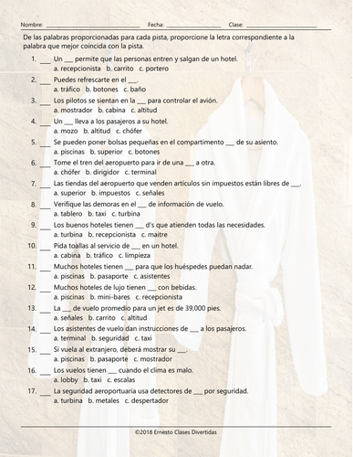 Airports and Hotels Multiple Choice Spanish Worksheet | Teaching Resources