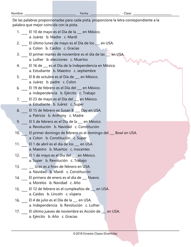 American versus Mexican Holidays Multiple Choice Spanish Worksheet ...