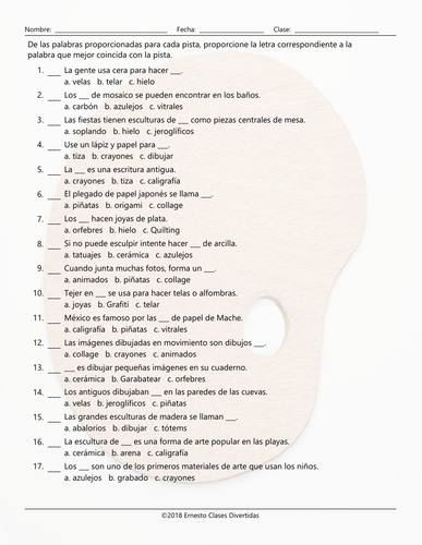 Art Forms Multiple Choice Spanish Worksheet | Teaching Resources