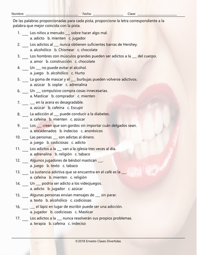 Bad Habits and Addictions Multiple Choice Spanish Worksheet | Teaching ...
