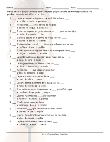 Body Parts Multiple Choice Spanish Worksheet | Teaching Resources
