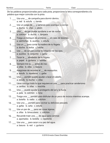 Camping Things and Activities Multiple Choice Spanish Worksheet ...
