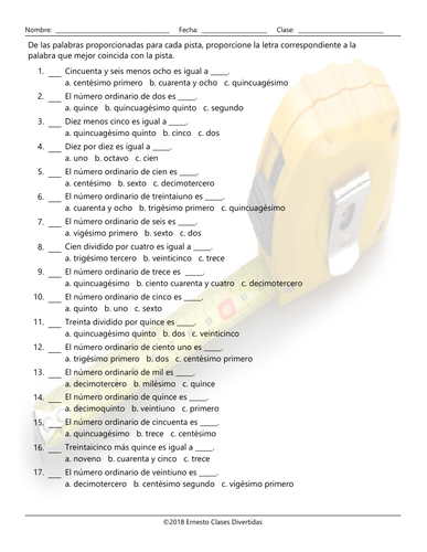 Cardinal and Ordinal Numbers Multiple Choice Spanish Worksheet ...