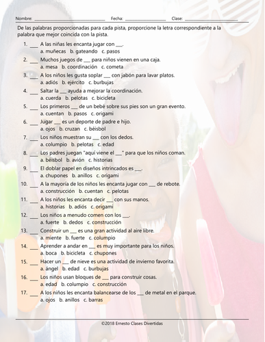 Childhood Activities Multiple Choice Spanish Worksheet | Teaching Resources