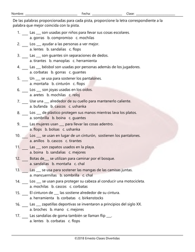 Clothing Accessories, Footwear, and Jewelry Multiple Choice Spanish ...