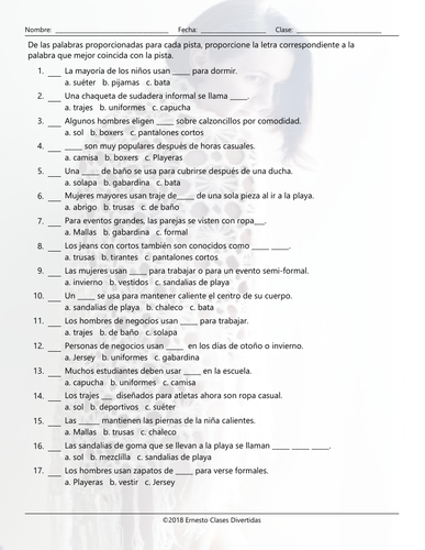 Clothing Items Multiple Choice Spanish Worksheet | Teaching Resources