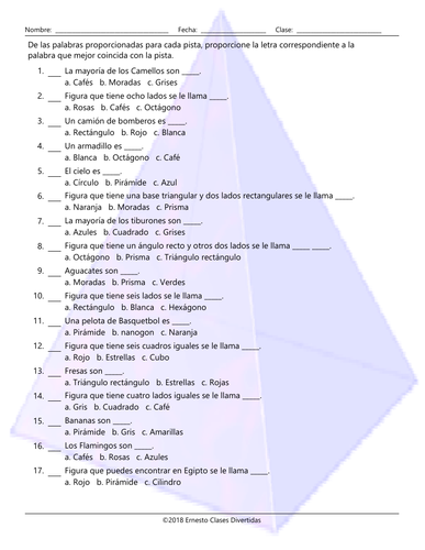 Colors and Shapes Multiple Choice Spanish Worksheet | Teaching Resources