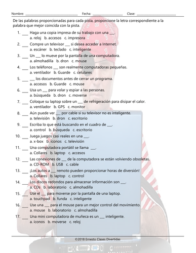 Computer Technology Multiple Choice Spanish Worksheet | Teaching Resources