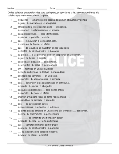 Crime, Law Enforcement, and Courts Multiple Choice Spanish Worksheet ...